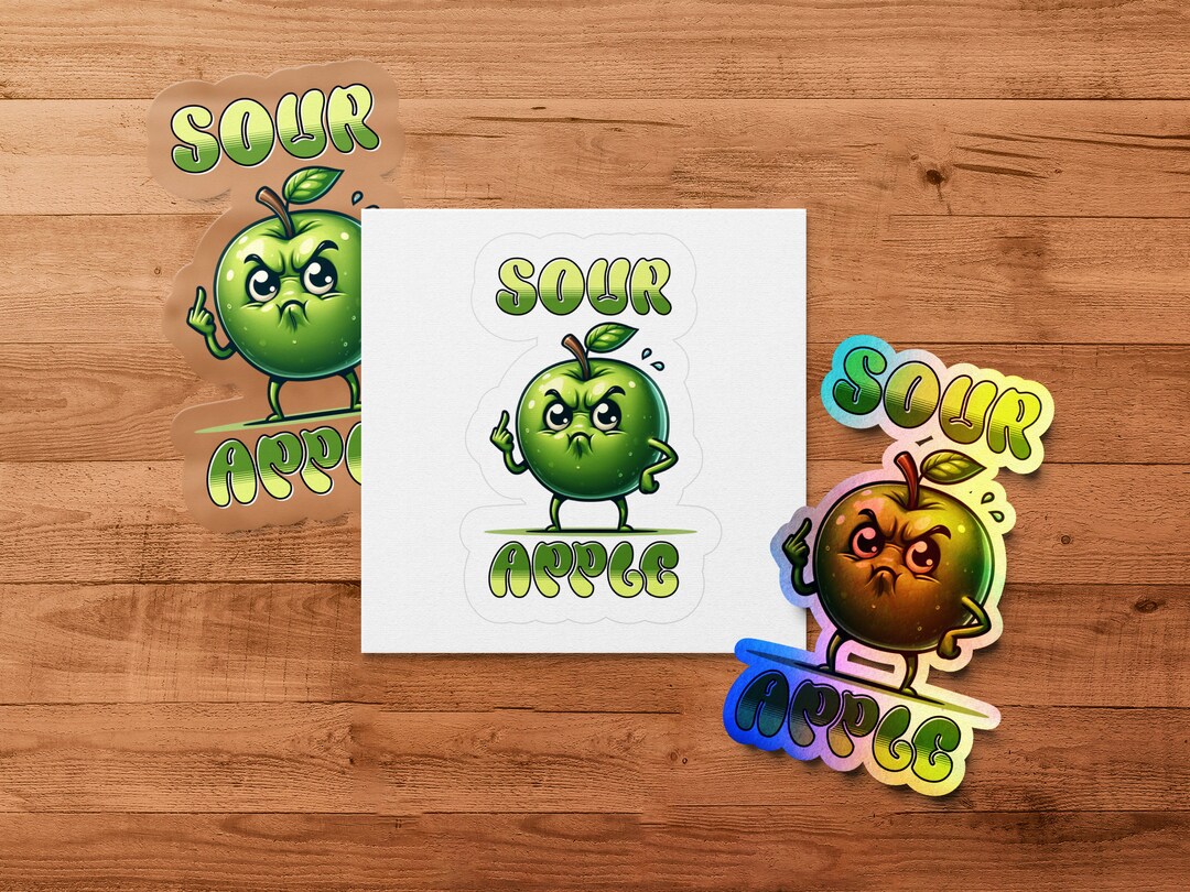 Funny Sour Apple Sticker, Cute Green Fruit Cartoon, Laptop Decal, Water ...