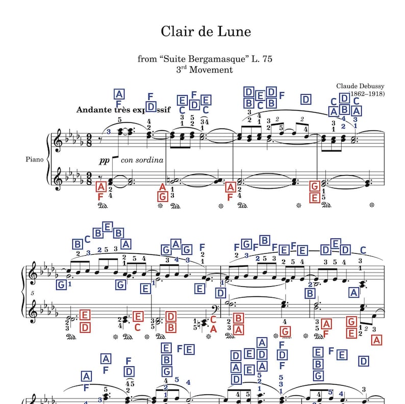 Clair De Lune - Claude Debussy; 3 Version Sheet Music Visual Learning ...