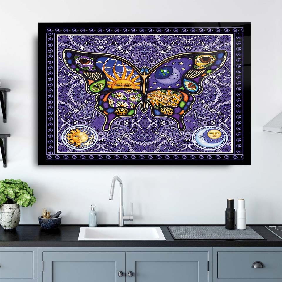 Purple Butterfly Kitchen Backsplash Decor, Tempered Glass Backsplash ...