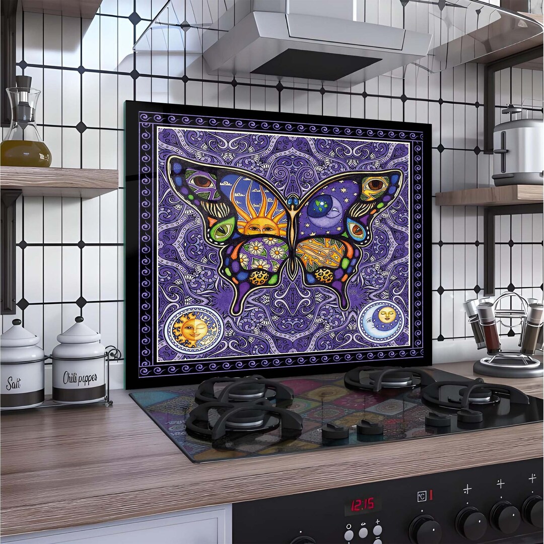 Purple Butterfly Kitchen Backsplash Decor, Tempered Glass Backsplash ...