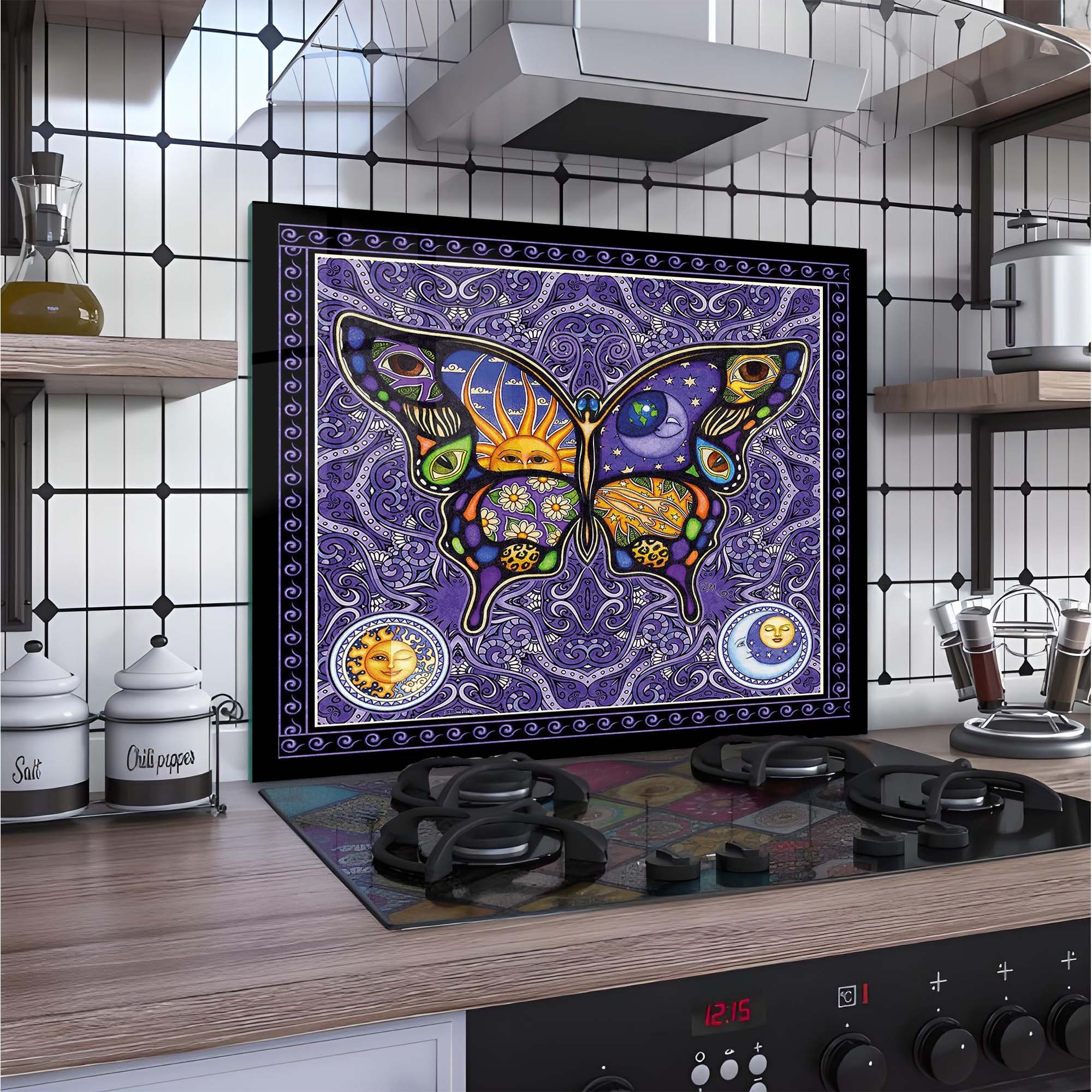 Purple Butterfly Kitchen Backsplash Decor, Tempered Glass Backsplash ...