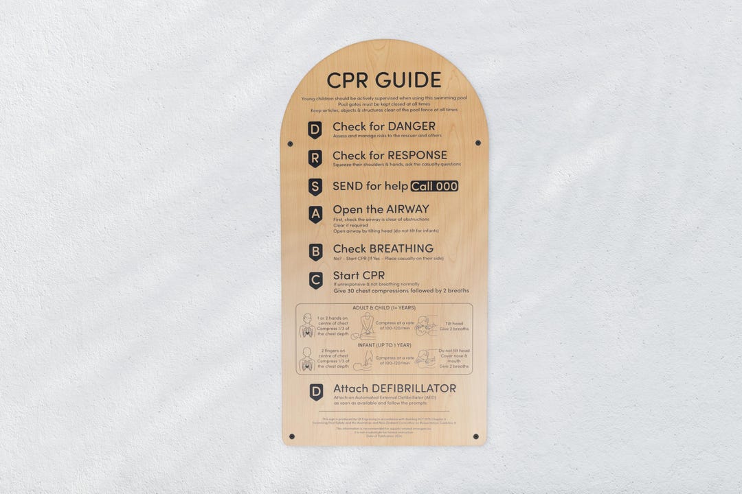 Modern Designer CPR Pool Safety Sign - Maple Wood Style With Black Text ...