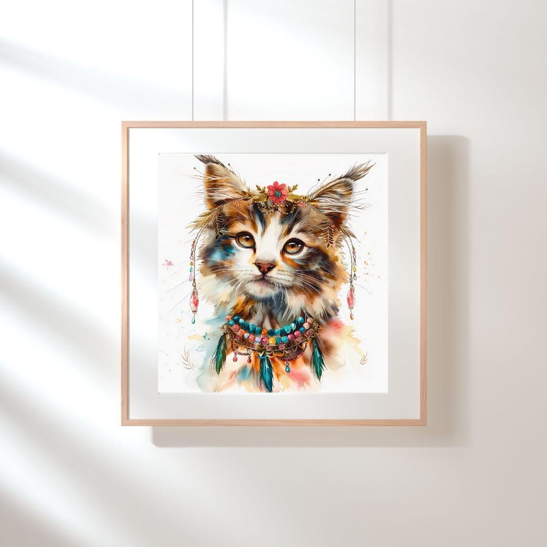 Bohemian Watercolor Cat Wall Art #22 | Digital Download PNG | High ...