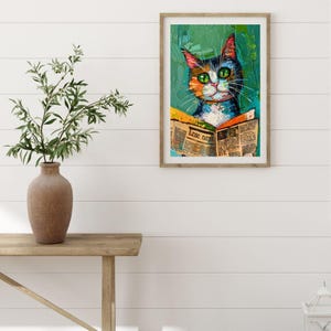 Hilarious Cat Reading Paper Print Funny A3 Wall Art Digital Download ...