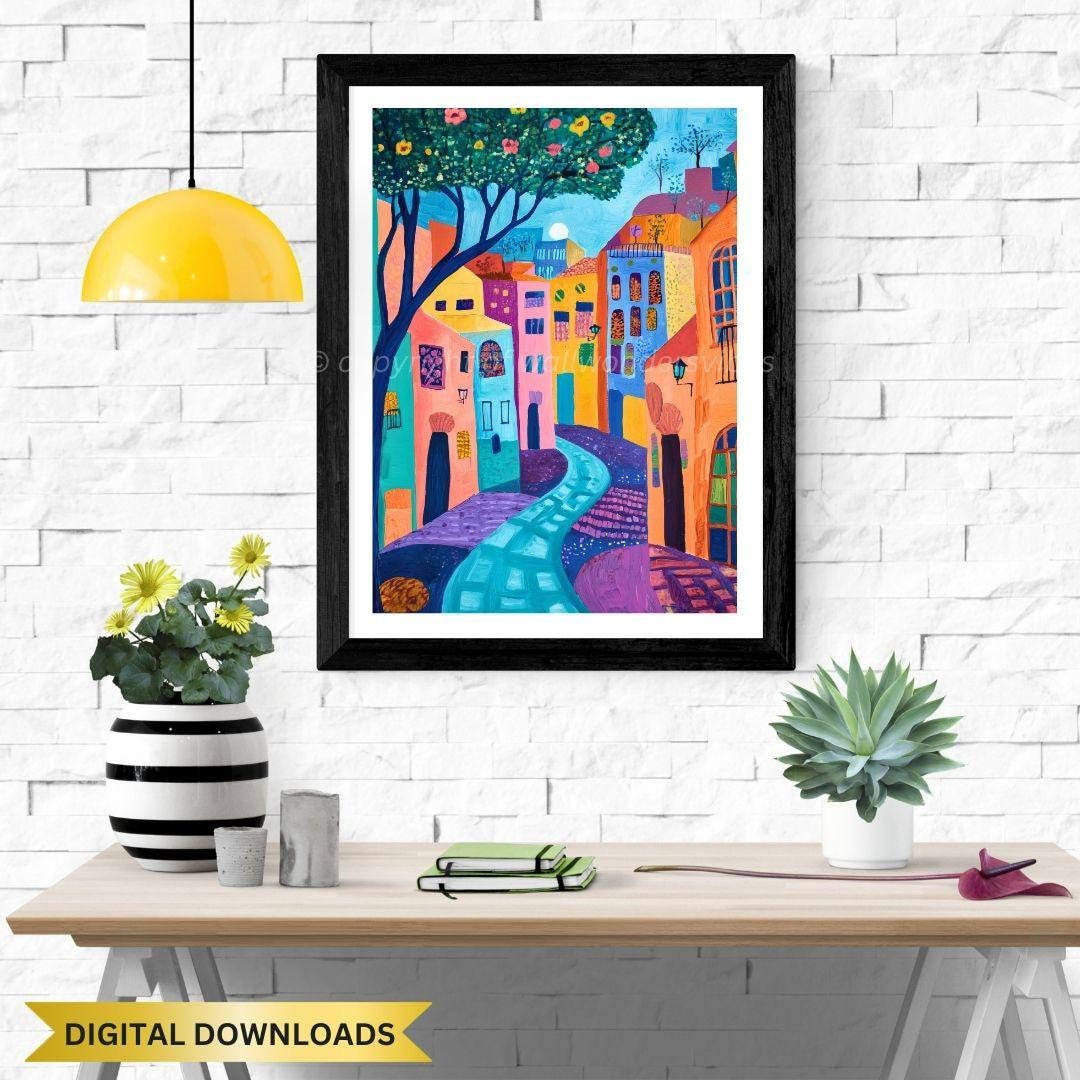 Colorful Village Street Scene Printable Art, Vibrant Cityscape Digital ...