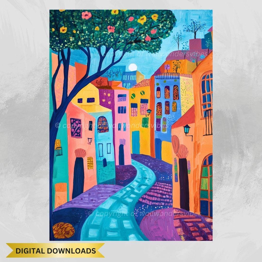 Colorful Village Street Scene Printable Art, Vibrant Cityscape Digital ...