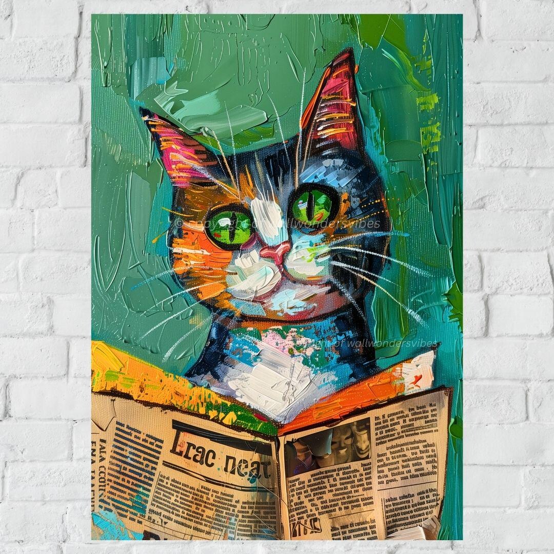 Hilarious Cat Reading Paper Print Funny A3 Wall Art Digital Download ...