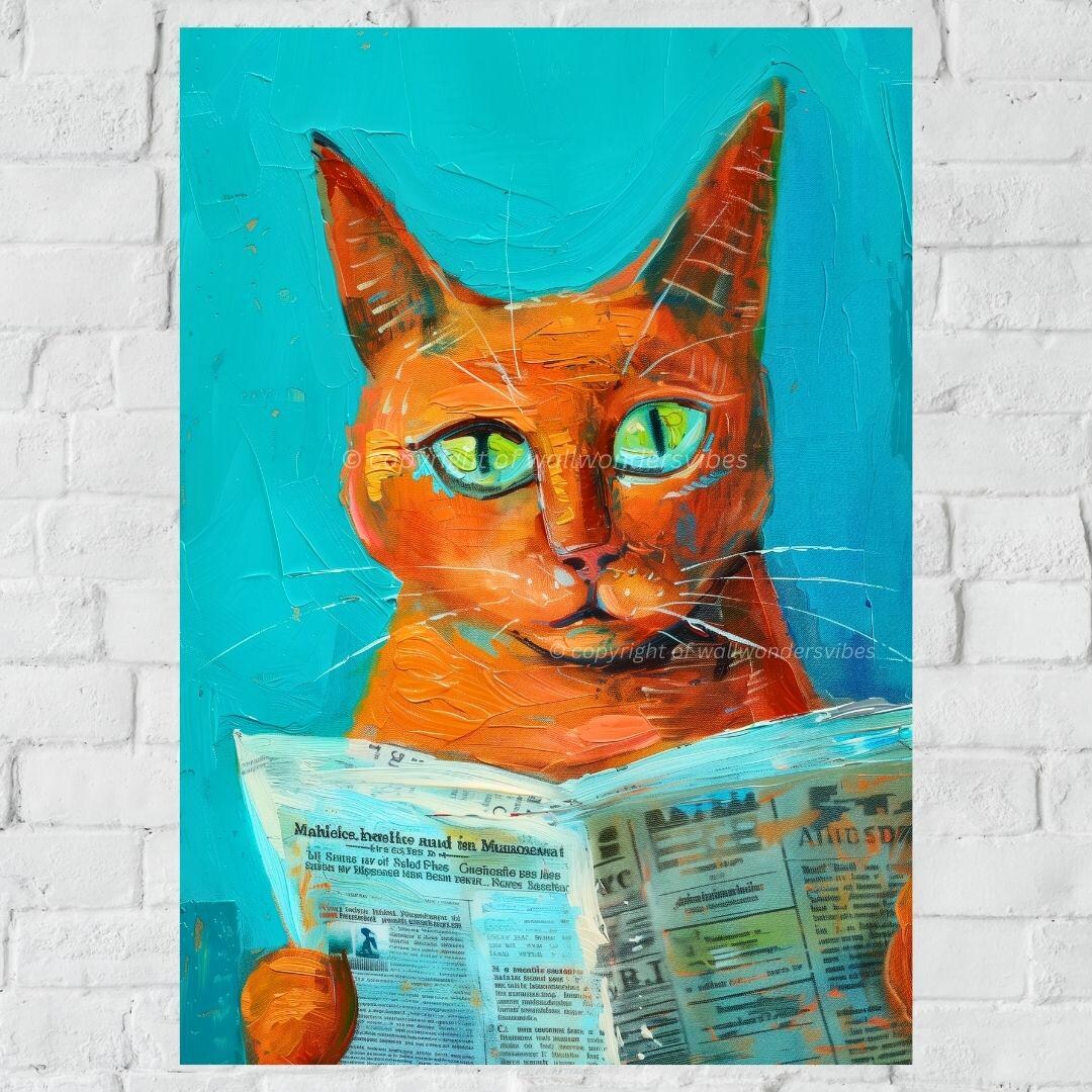 Hilarious Cat Reading Paper Print Funny A3 Wall Art Digital Download ...
