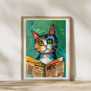 Hilarious Cat Reading Paper Print Funny A3 Wall Art Digital Download ...
