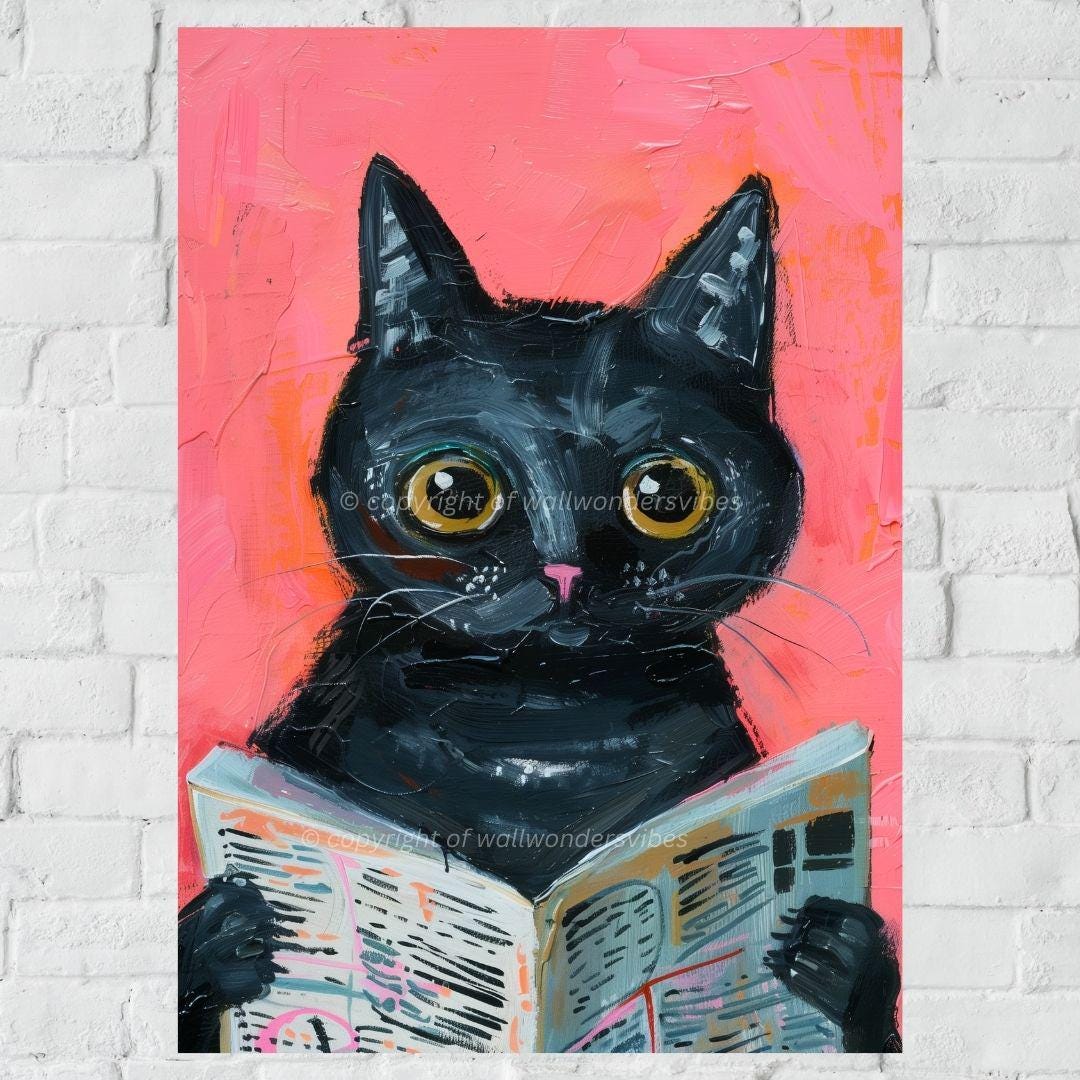 Hilarious Cat Reading Paper Print | Funny A3 Wall Art | Digital ...