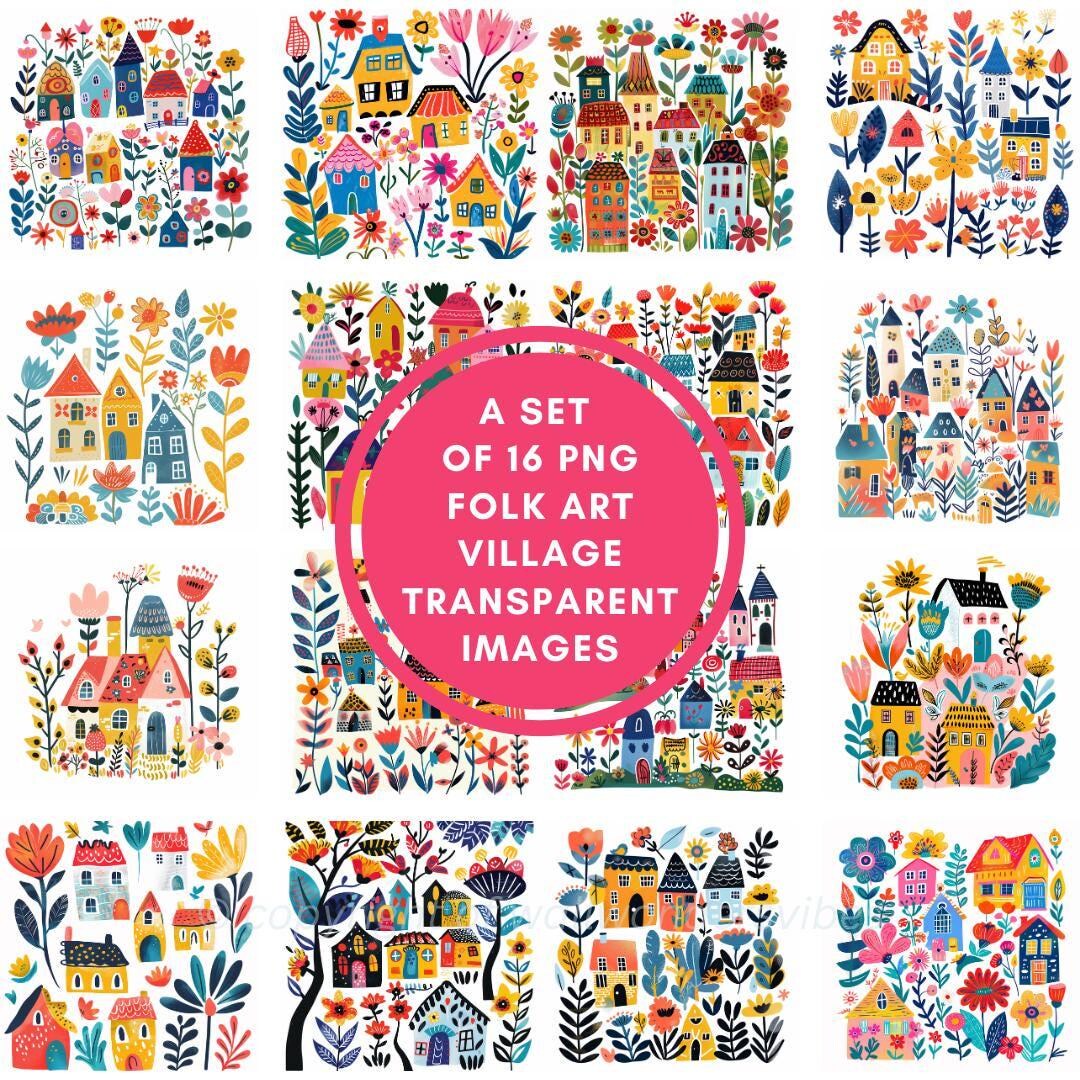 Commercial Use Bundle Set of 16 PNG Folk Art Village Transparent Images ...