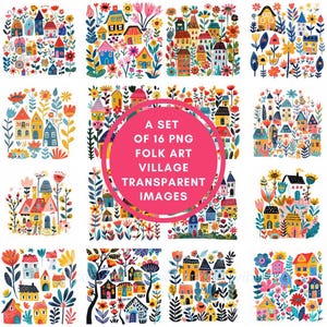 Commercial Use Bundle Set of 16 PNG Folk Art Village Transparent Images ...