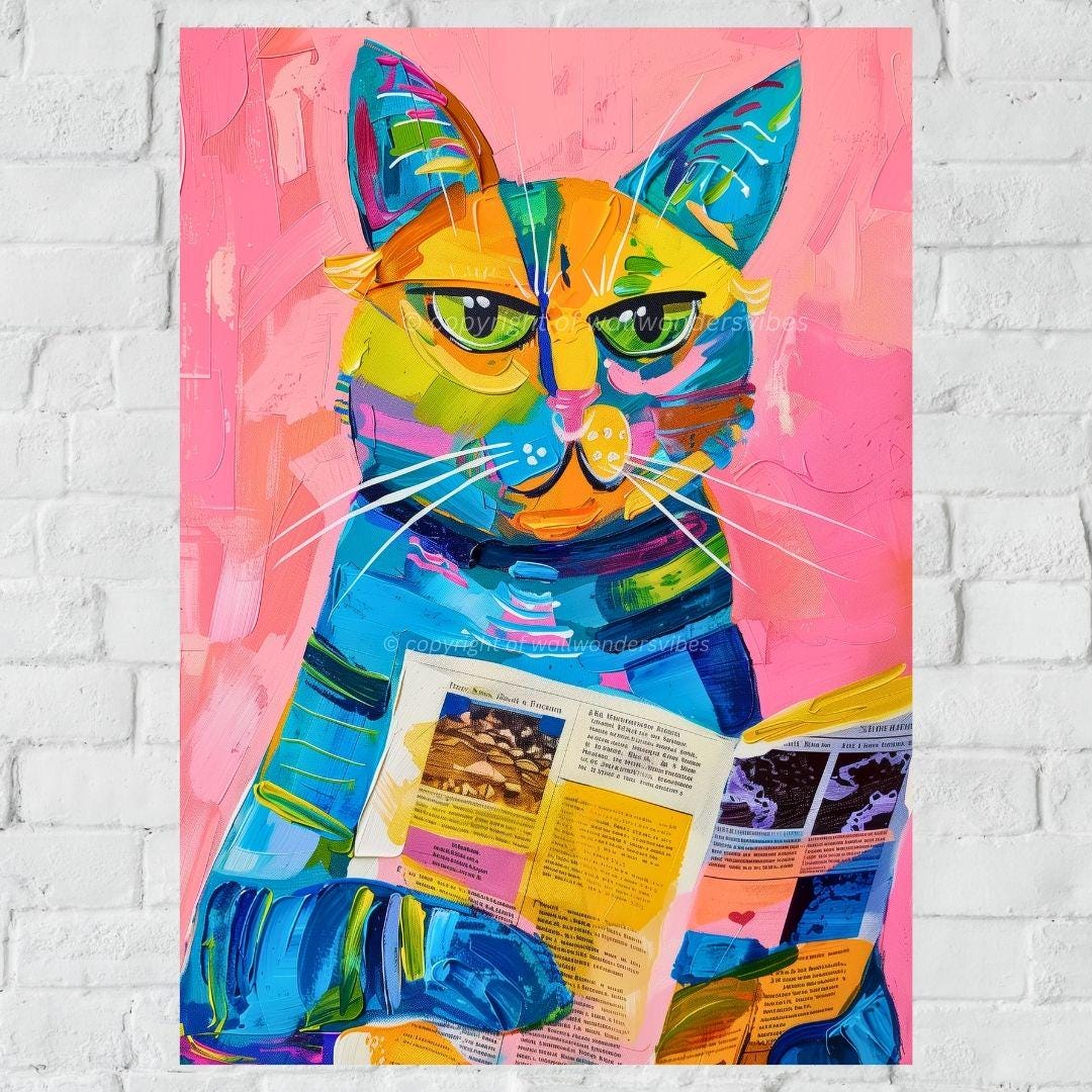Hilarious Cat Reading Paper Print | Funny A3 Wall Art | Digital ...