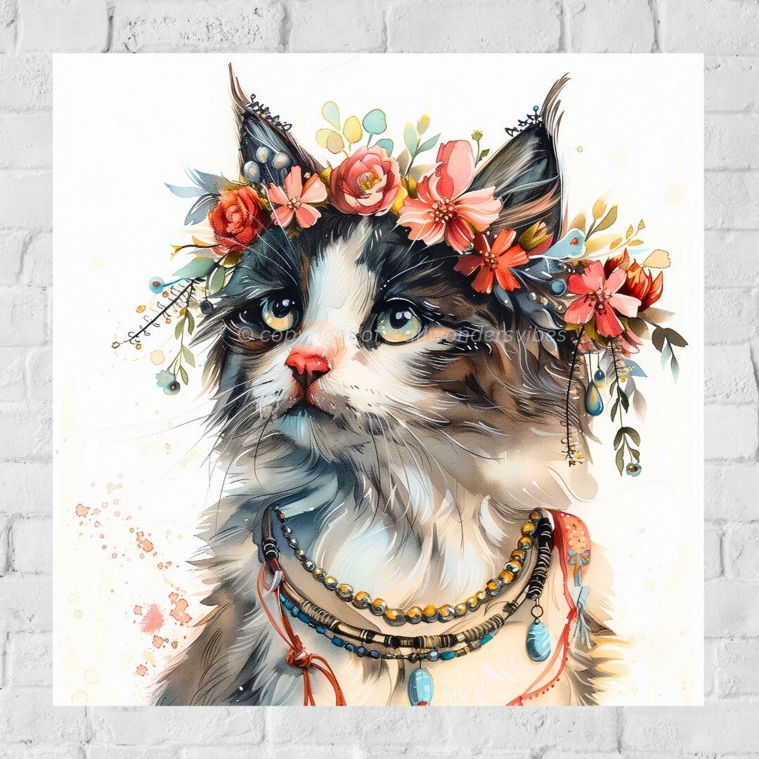 Bohemian Watercolor Cat Wall Art #17 | Digital Download PNG | High ...
