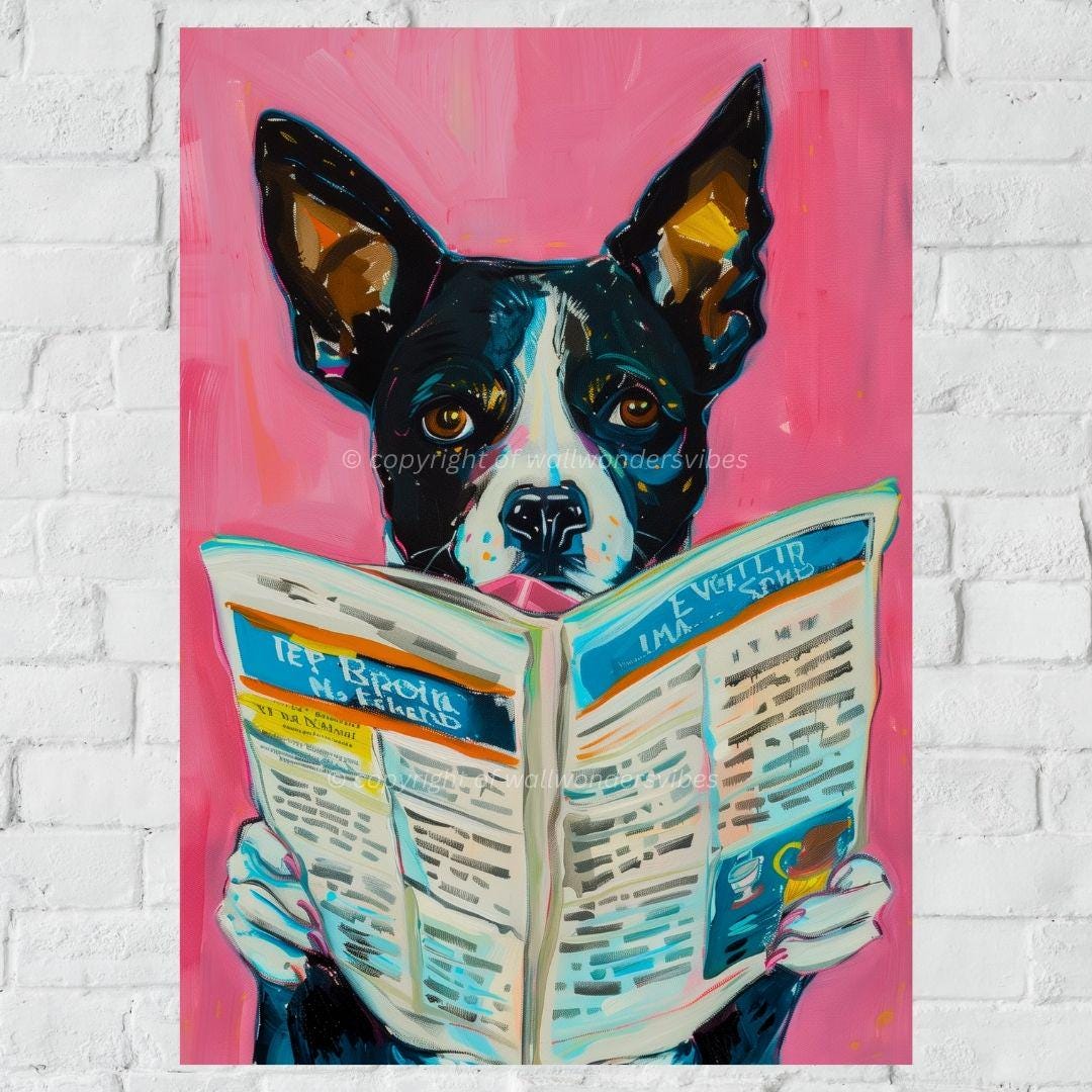Whimsical Dog Reading Newspaper Art Print A3 Size #4 - Digital Download ...