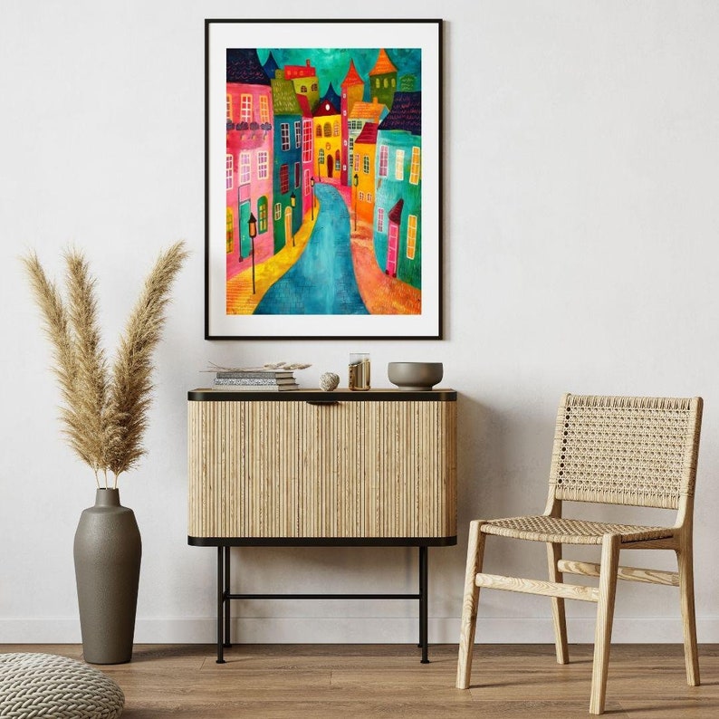 City Street Folk Art Painting Printable Wall Art #2 - Vintage Whimsical ...