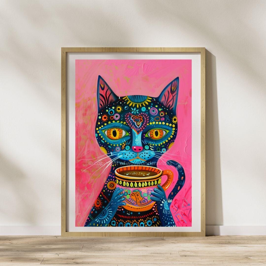 Cozy Cat Coffee Break Art | Funny Animal Print | Instant Download ...