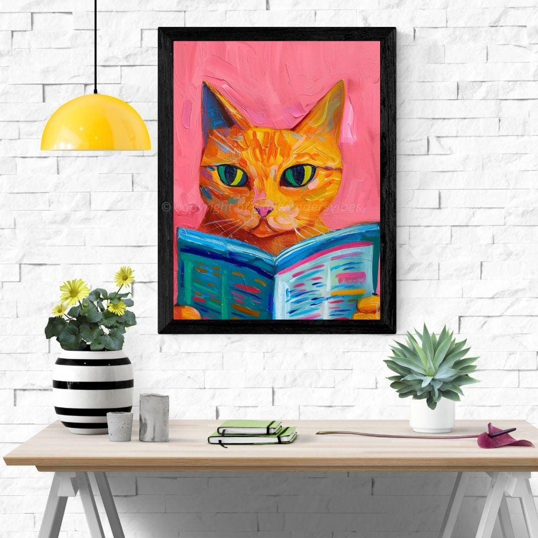 Hilarious Cat Reading Paper Print | Funny A3 Wall Art | Digital ...
