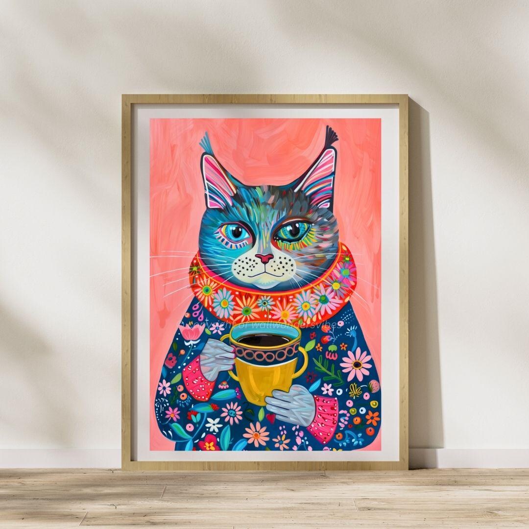 Cozy Cat Coffee Break Art | Funny Animal Print | Instant Download ...