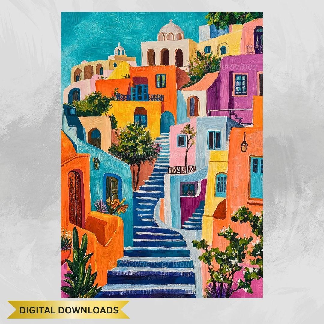 Colorful Greek Island Street Digital Print, Vibrant Wall Art Download ...