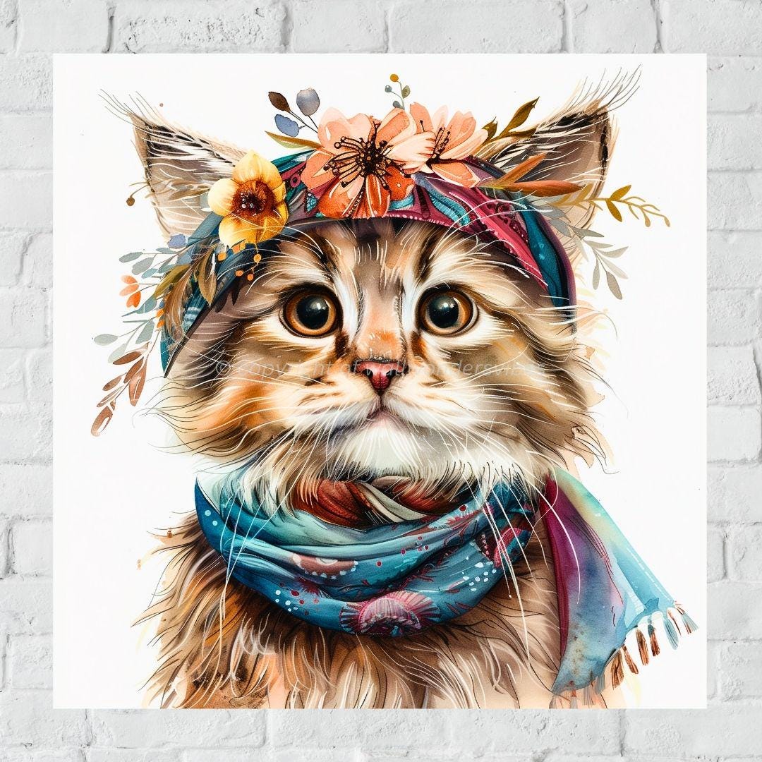 Bohemian Watercolor Cat Wall Art #3 | Digital Download PNG | High ...