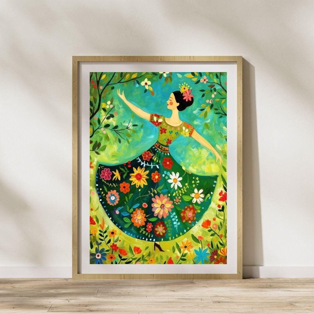 Colorful Floral Dance Art Print, Whimsical Flower Illustration Wall ...