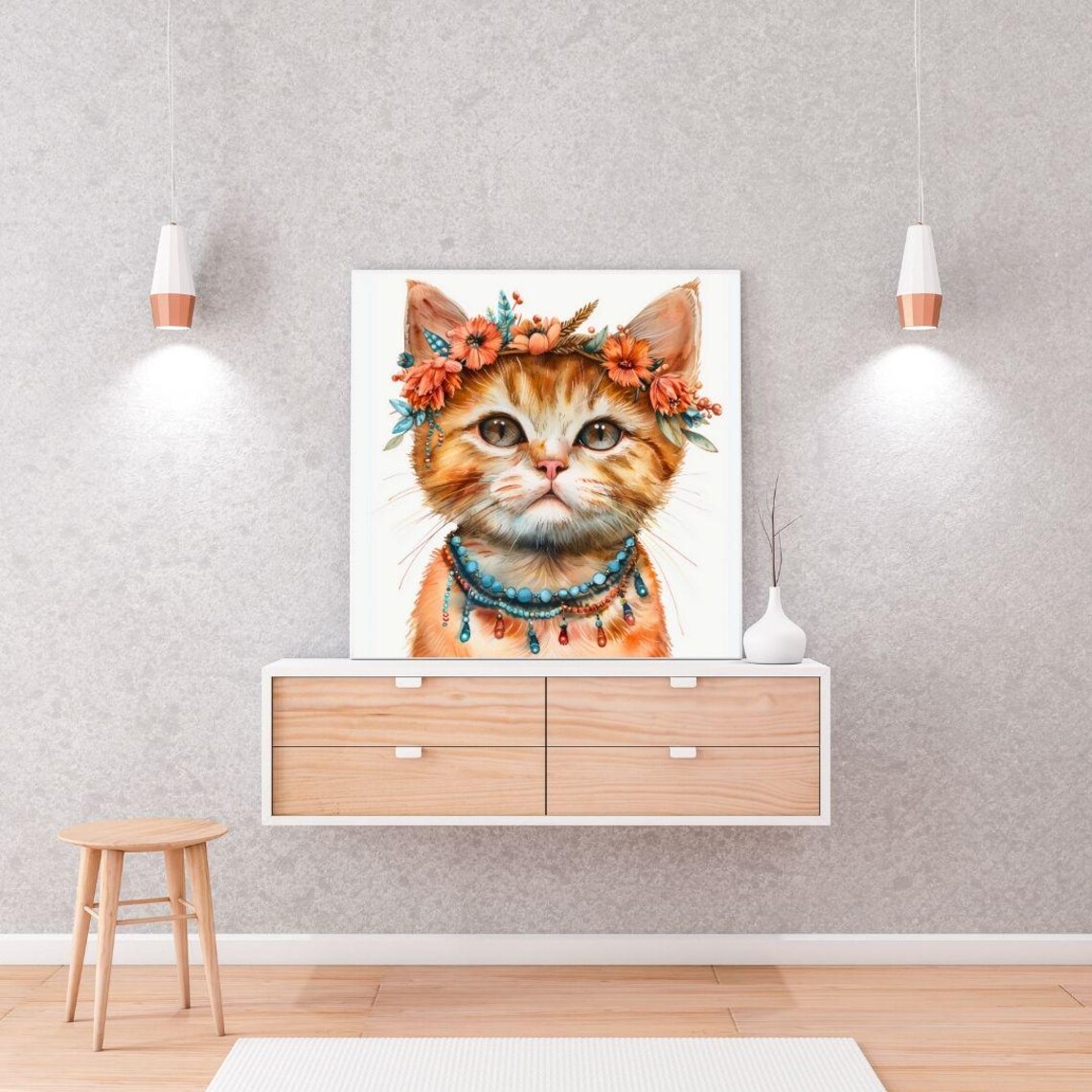 Bohemian Watercolor Cat Wall Art 1 Digital Download PNG High-resolution Boho Decor Printable Cat ...