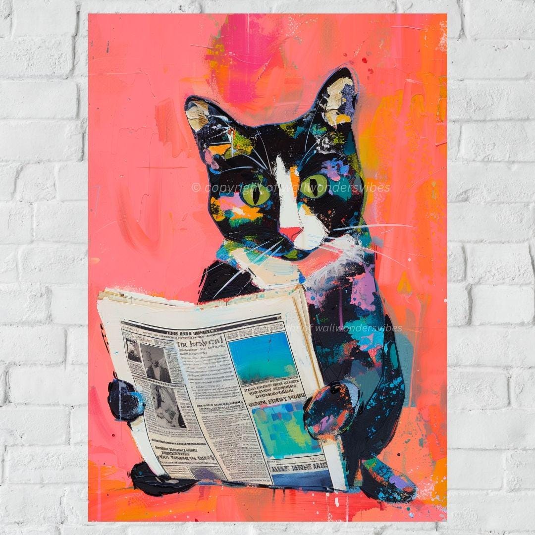 Hilarious Cat Reading Paper Print | Funny A3 Wall Art | Digital ...