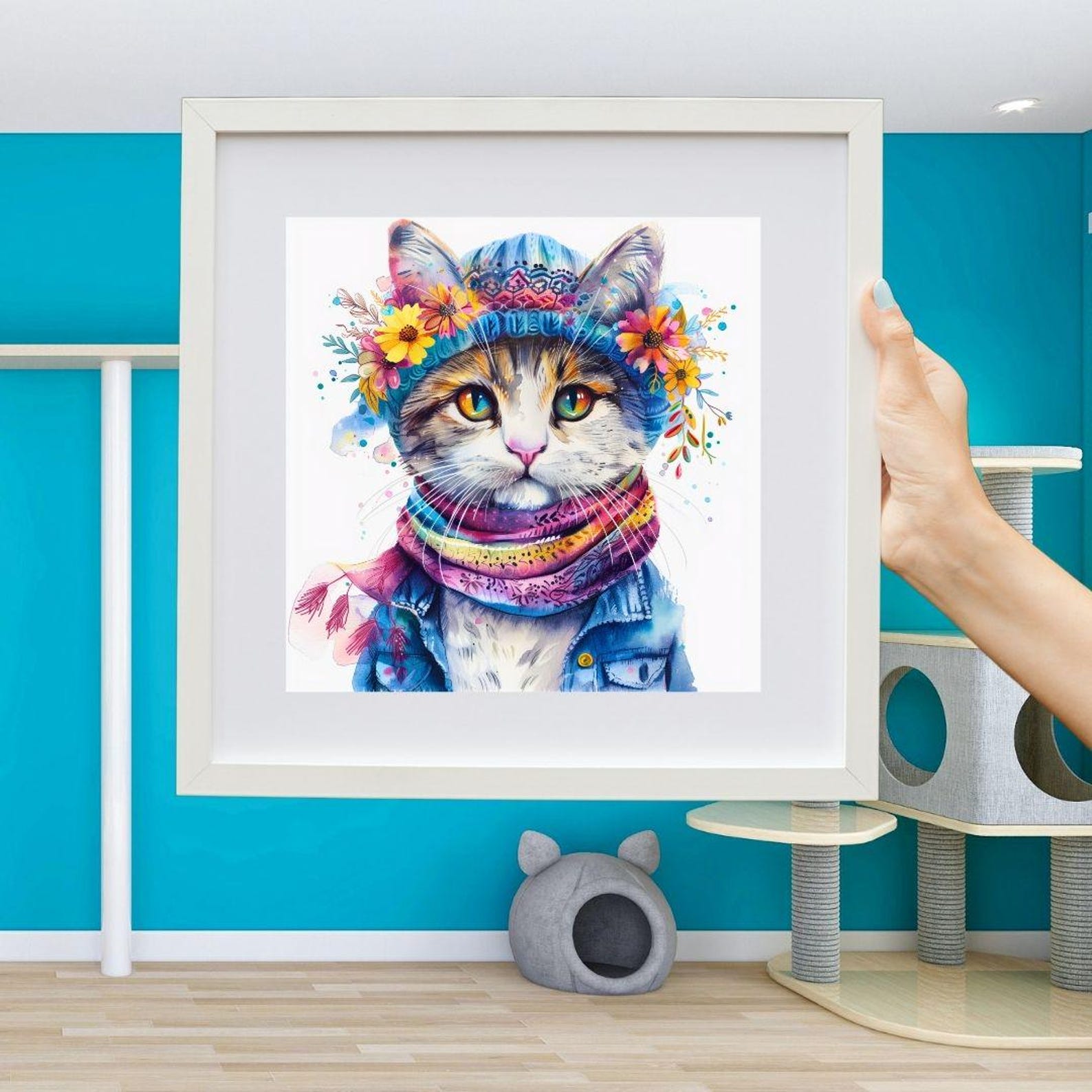 Bohemian Watercolor Cat Wall Art #25 | Digital Download PNG | High-resolution Boho Decor ...