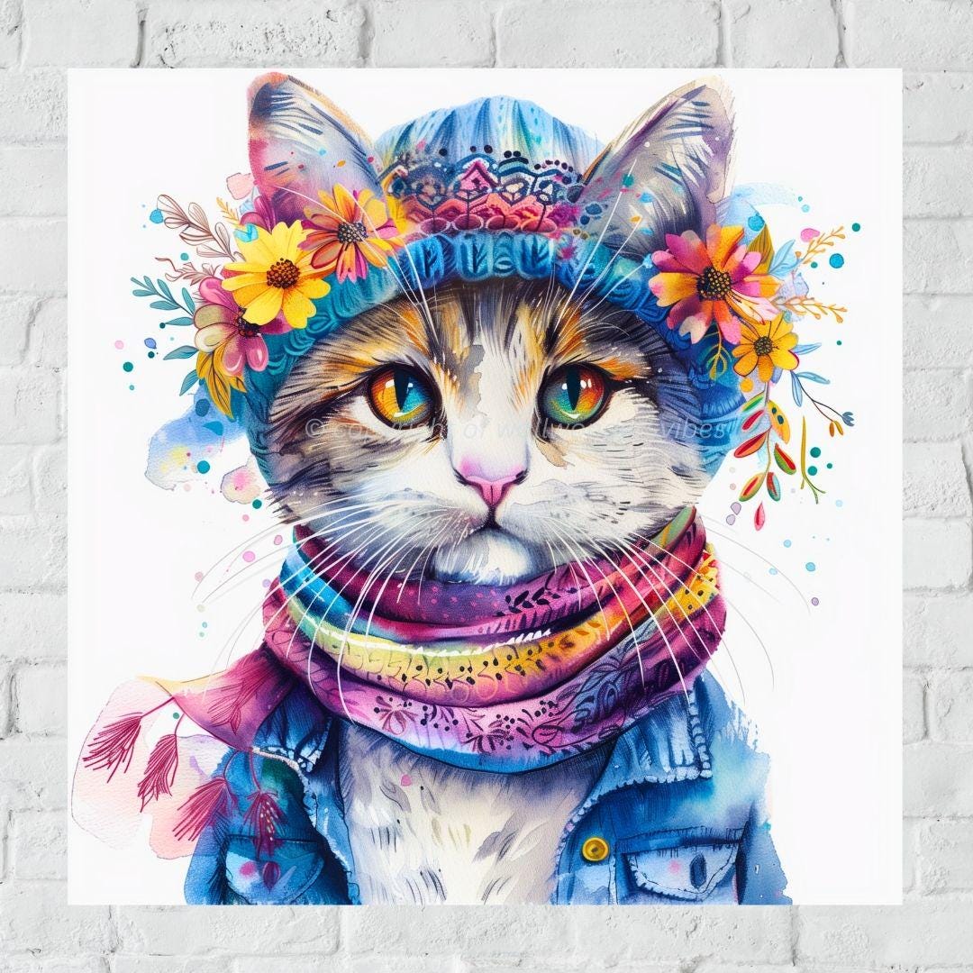 Bohemian Watercolor Cat Wall Art #25 | Digital Download PNG | High-resolution Boho Decor ...