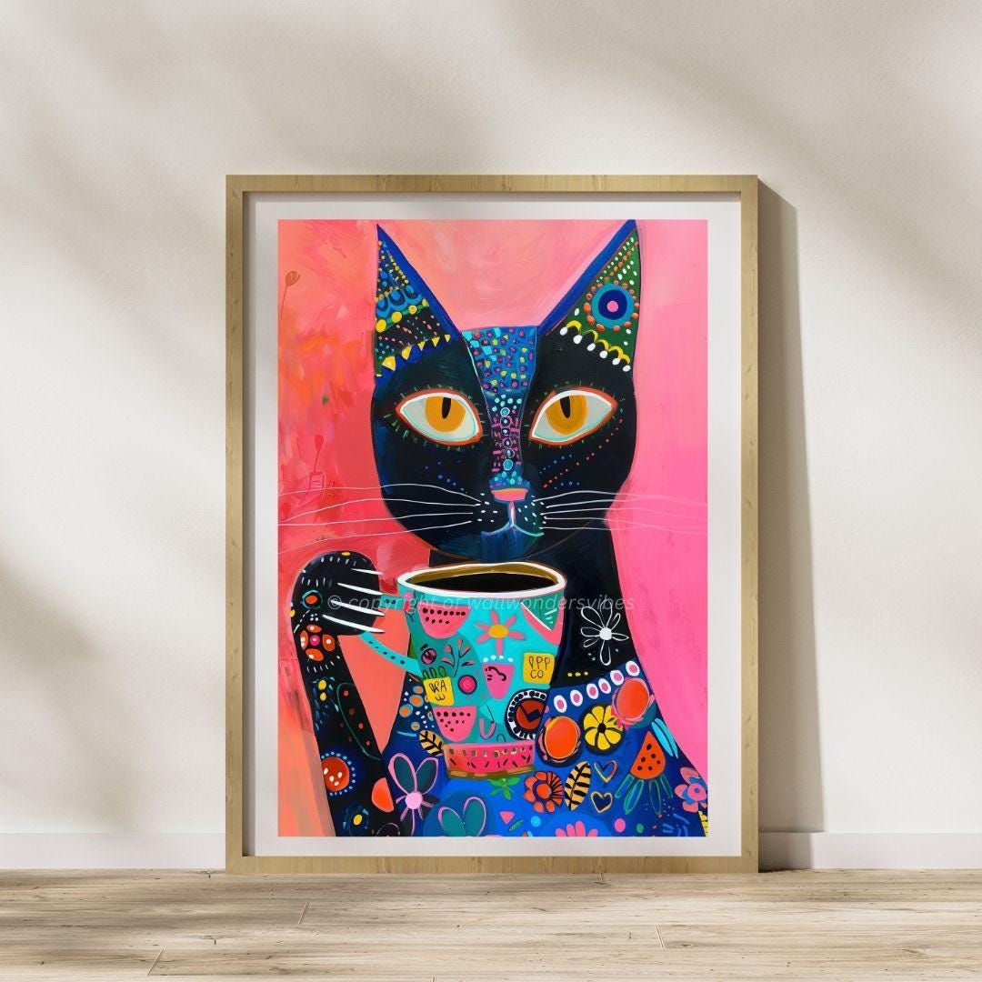 Cozy Cat Coffee Break Art | Funny Animal Print | Instant Download ...