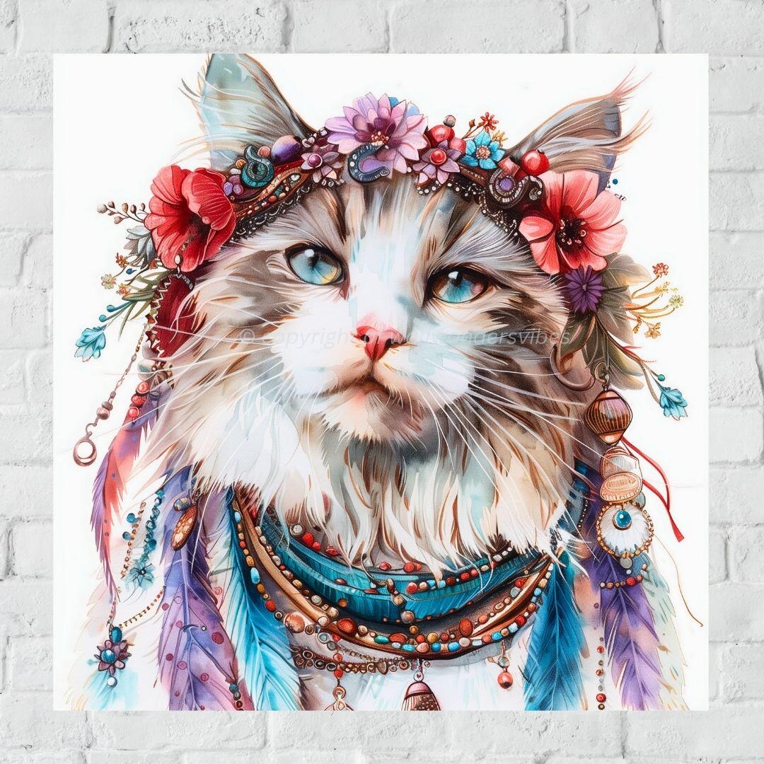 Bohemian Watercolor Cat Wall Art #20 | Digital Download PNG | High-resolution Boho Decor ...