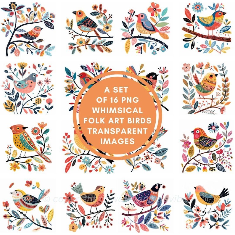 Commercial Use Whimsical Bird Floral Folk Art Clipart | Bundle 16 PNG ...