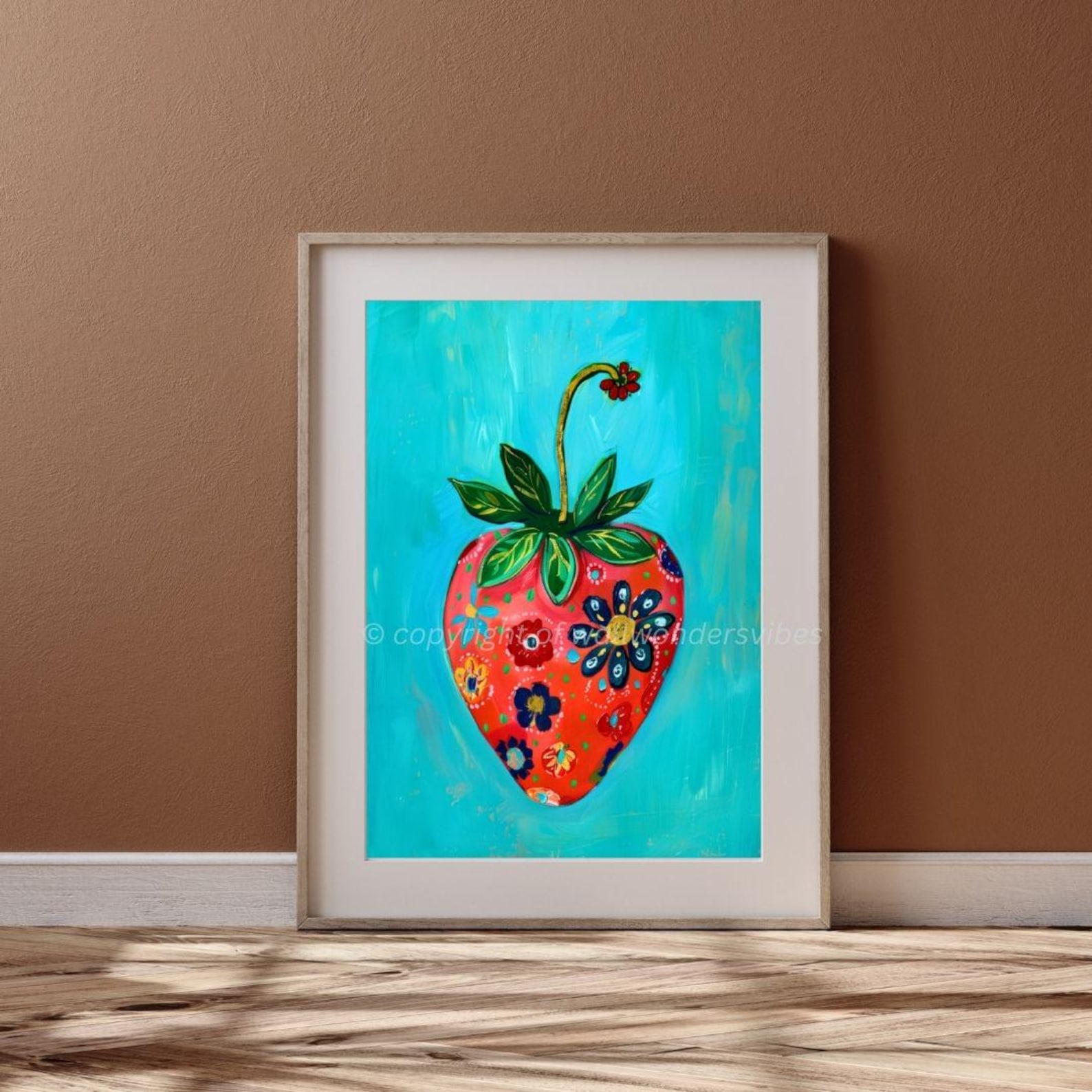 Colorful Strawberry Art Print, Whimsical Floral Fruit Poster, Kitchen ...