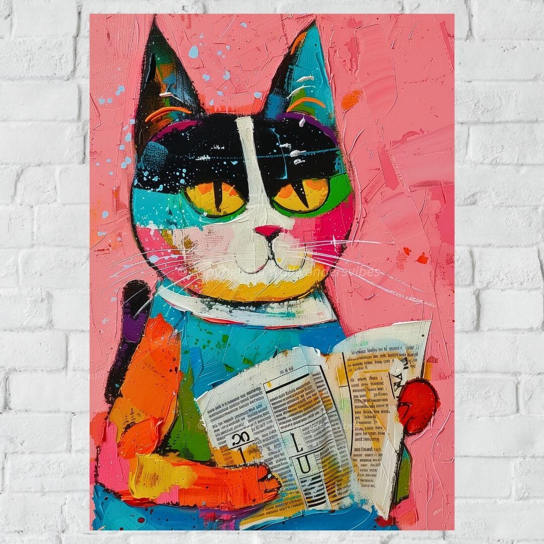 Hilarious Cat Reading Paper Print | Funny A3 Wall Art | Digital ...