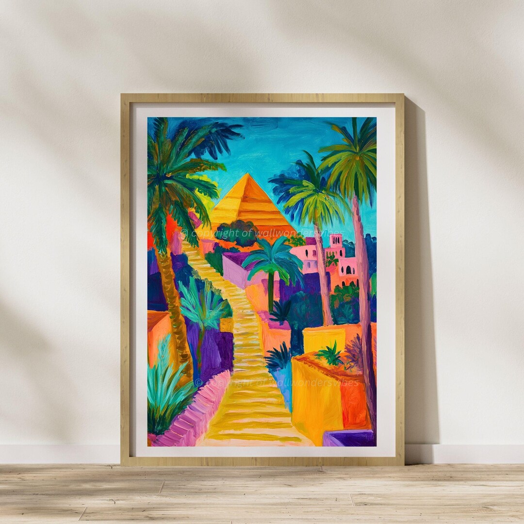 Vibrant Pyramid Landscape Digital Art Print, Exotic Desert Wall Decor ...