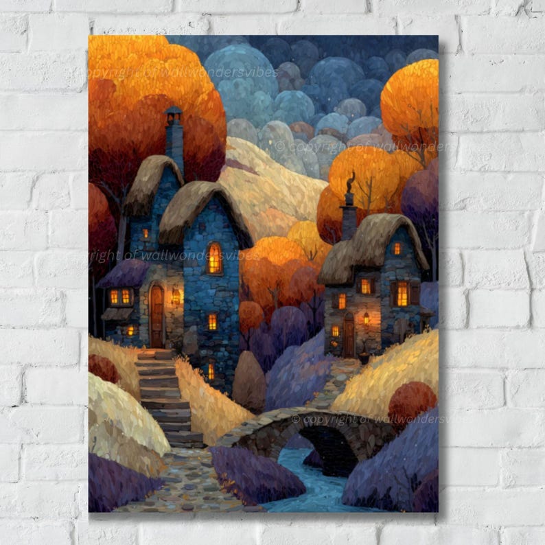 Cozy Storybook Village Wall Art Cottagecore Bridge & River Autumn Night ...