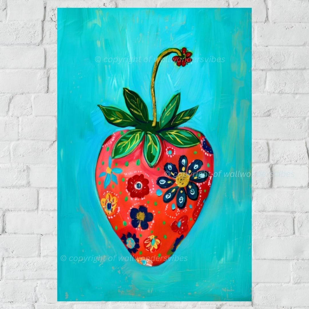 Colorful Strawberry Art Print, Whimsical Floral Fruit Poster, Kitchen ...