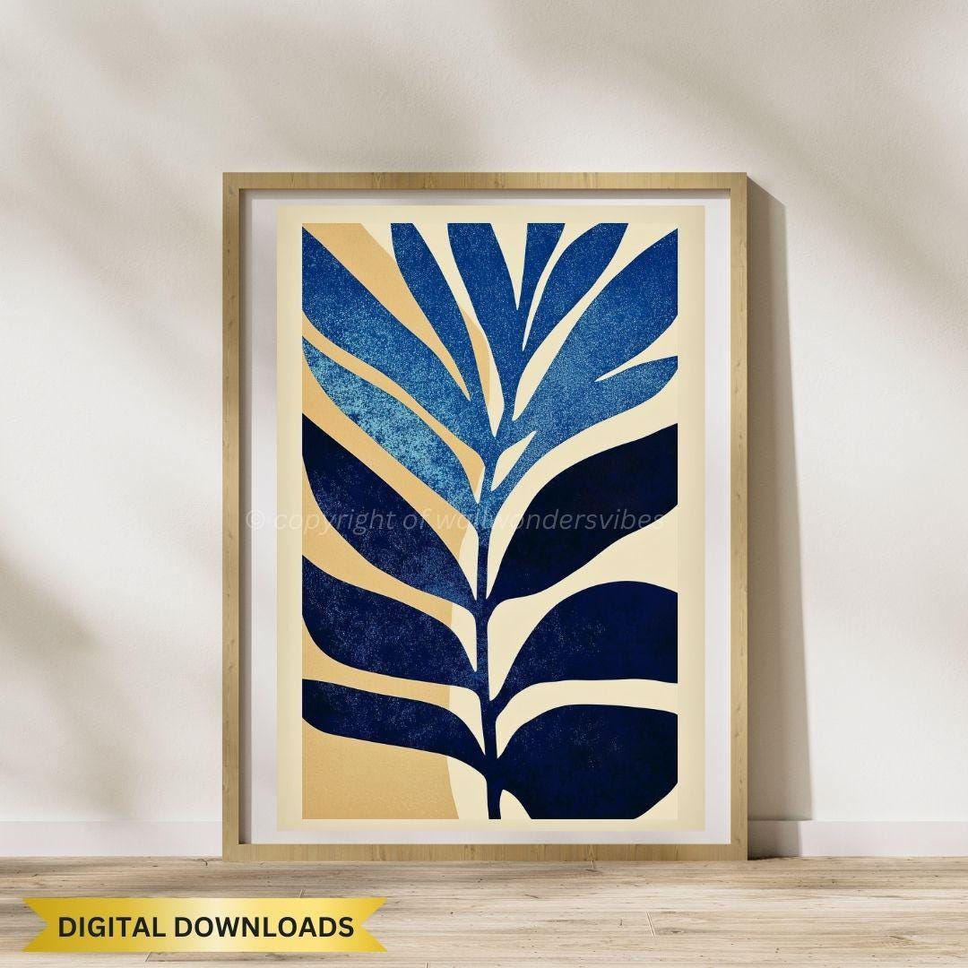 Abstract Blue Leaf Wall Art Print, Minimalist Botanical Decor, Modern ...