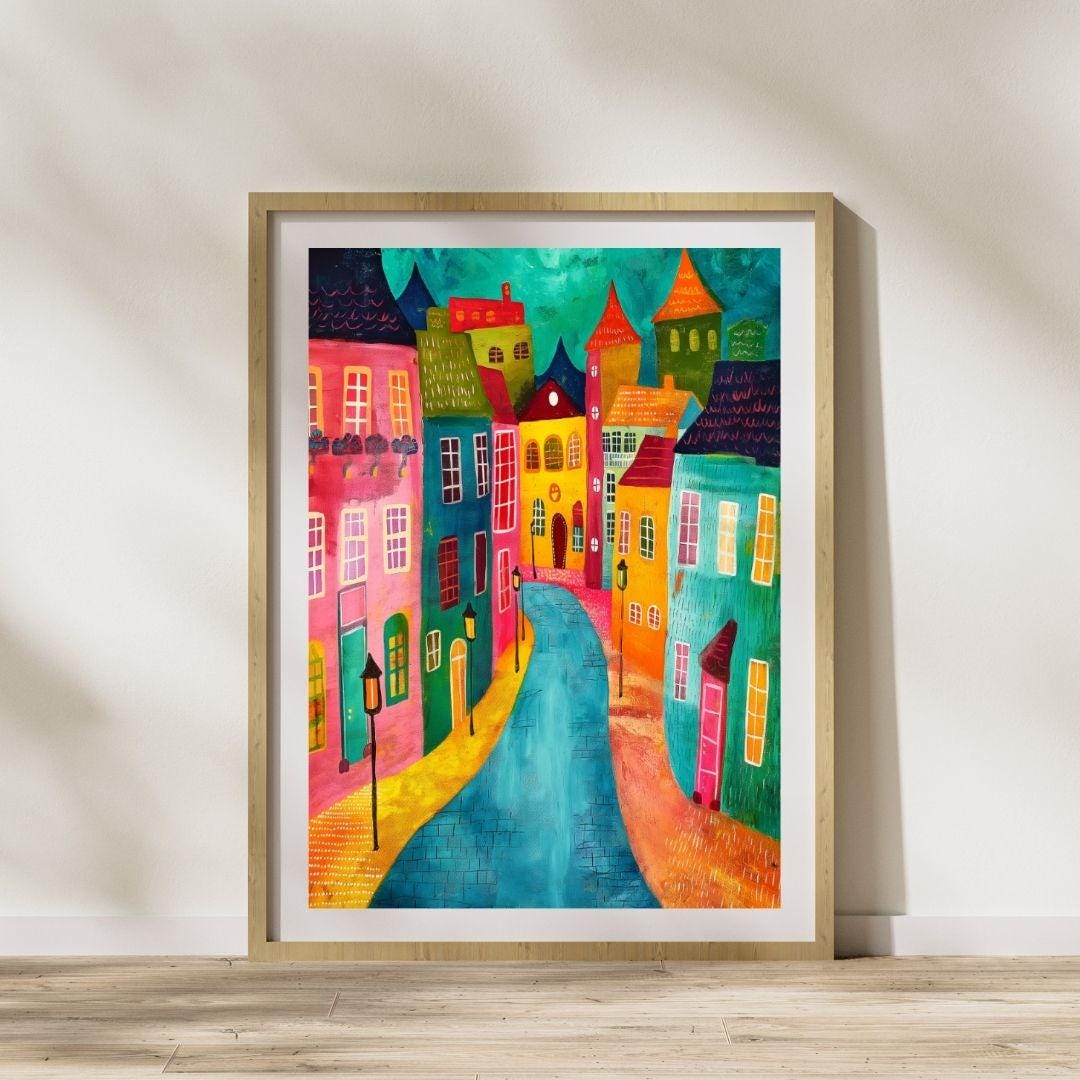Vintage City Street Folk Art Print – Whimsical Colorful Houses (digital ...