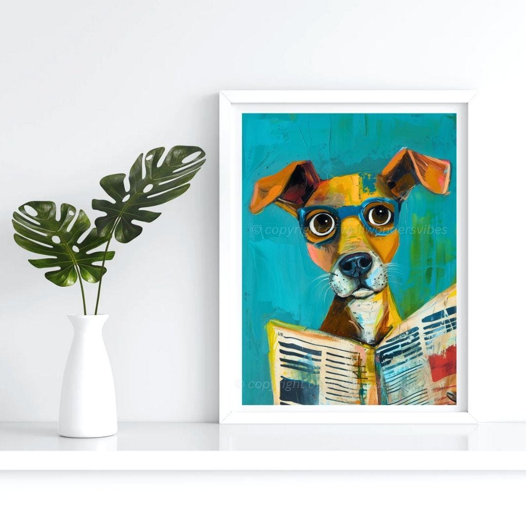 Whimsical Dog Reading Newspaper Art Print A3 Size #8 - Digital Download ...