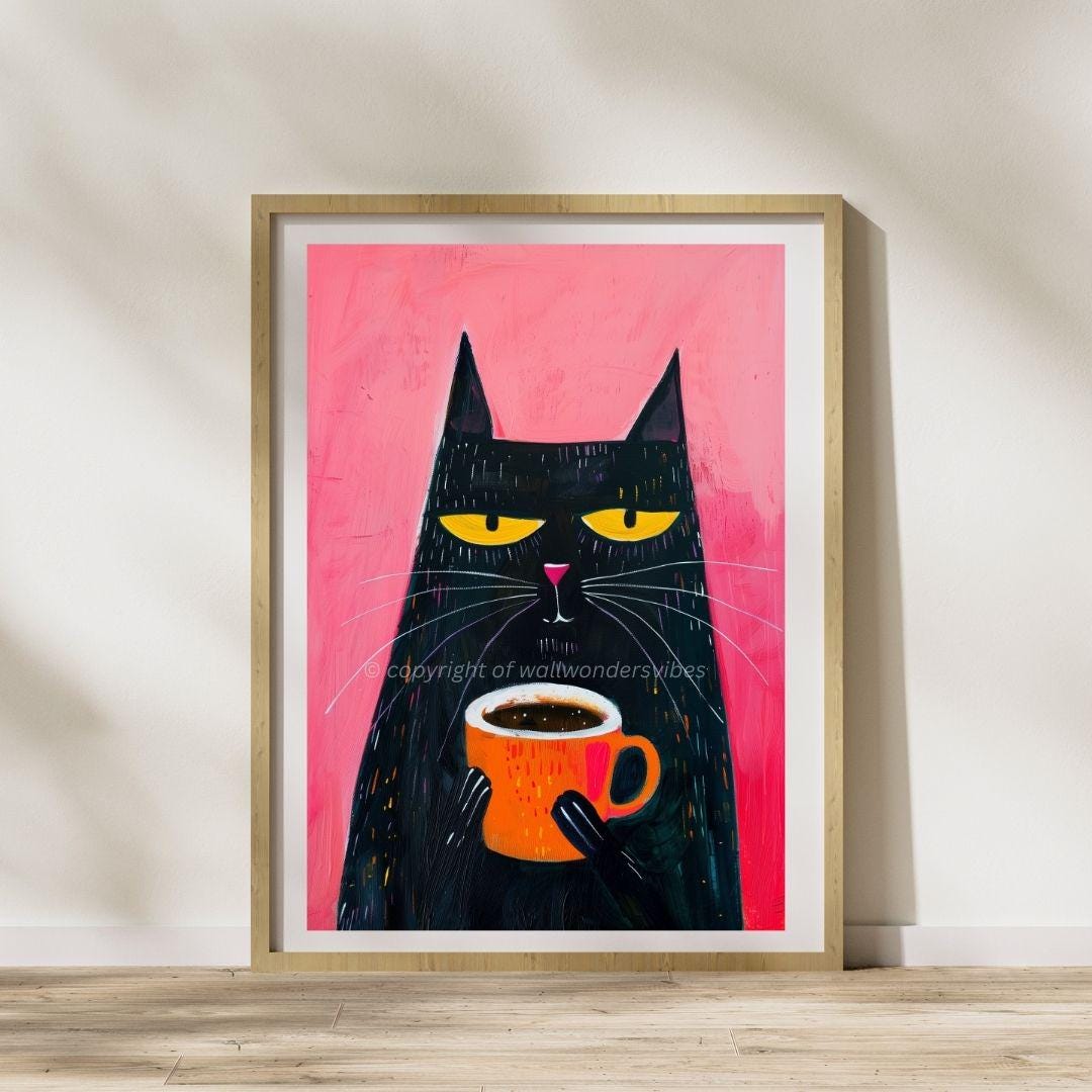 Cozy Cat Coffee Break Art | Funny Animal Print | Instant Download ...