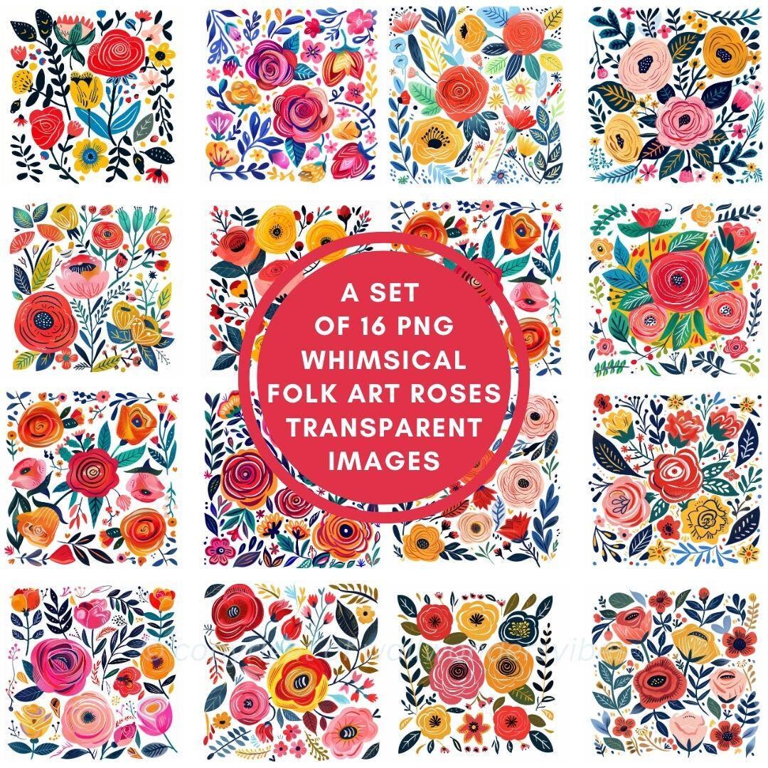 Commercial Use Bundle Whimsical Folk Art Roses Digital Clipart Set of ...