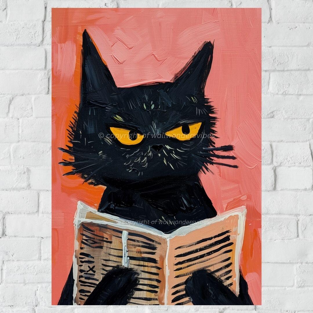 Hilarious Cat Reading Paper Print | Funny A3 Wall Art | Digital ...