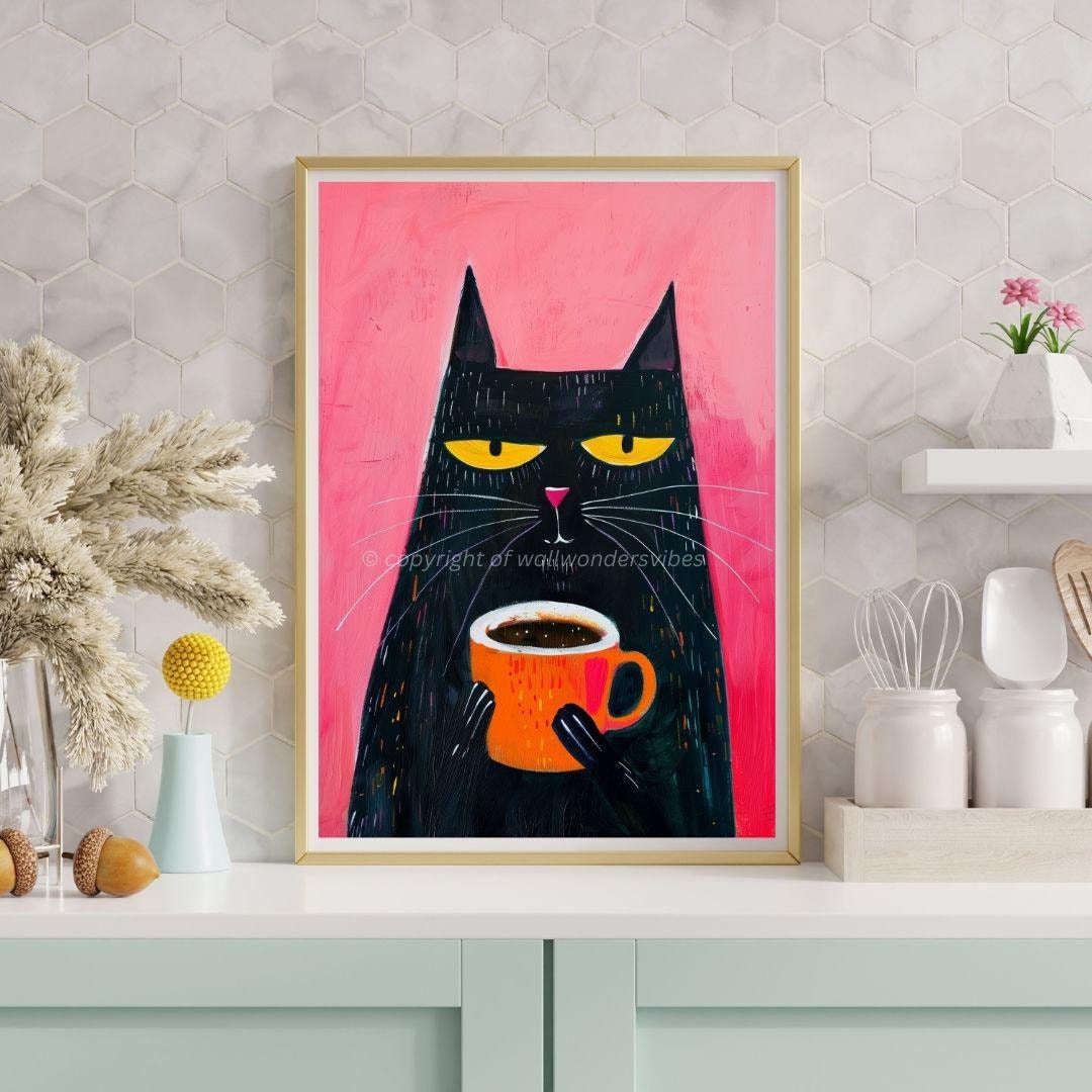 Cozy Cat Coffee Break Art | Funny Animal Print | Instant Download ...