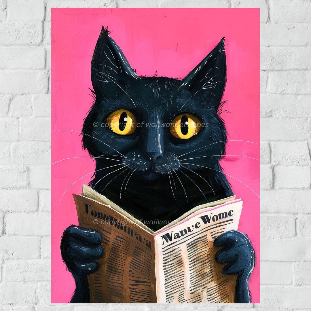 Hilarious Cat Reading Paper Print | Funny A3 Wall Art | Digital ...