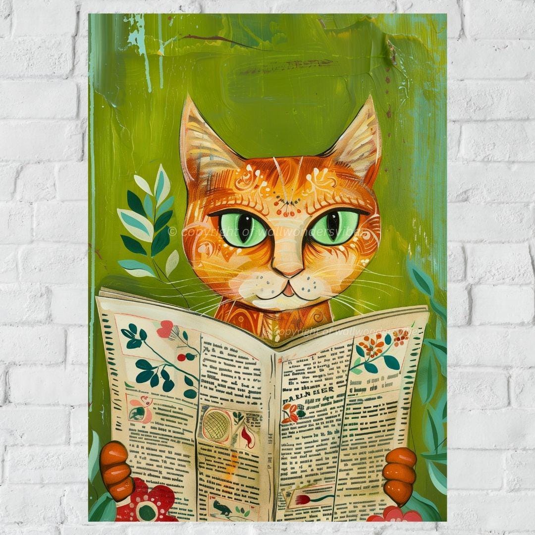Vintage Style Cat Art Print, Whimsical Cat With Newspaper, Colorful ...