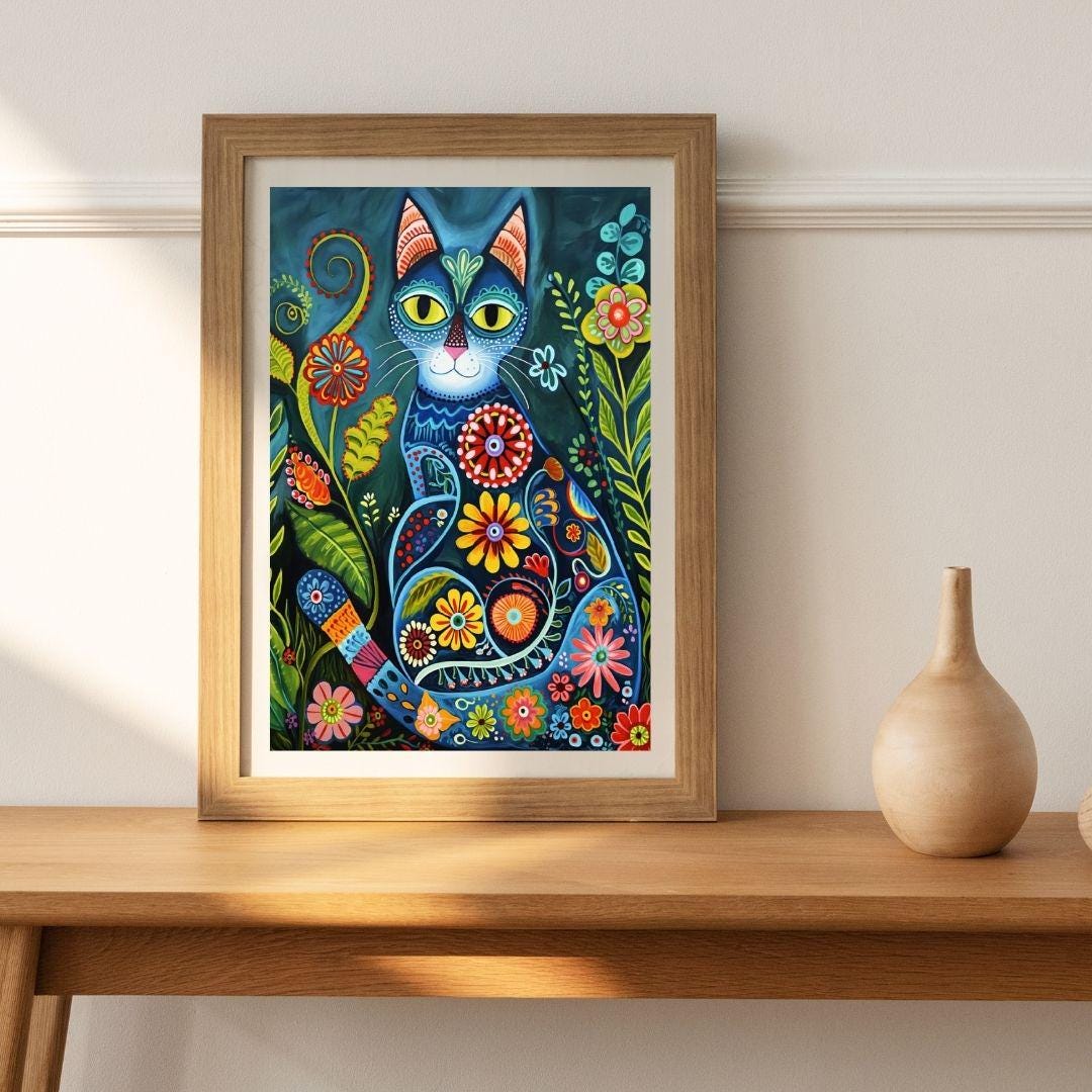 Cat Folk Art #4 Painting Printable Wall Art - Vintage Whimsical Folk ...