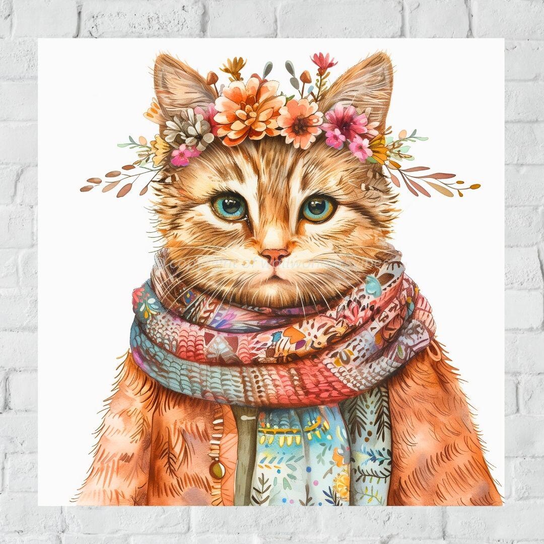 Bohemian Watercolor Cat Wall Art #4 | Digital Download PNG | High ...
