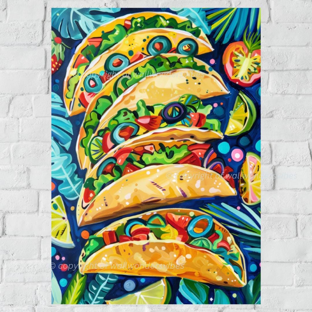 Colorful Taco Art Print, Vibrant Mexican Food Decor, Digital Taco Wall ...
